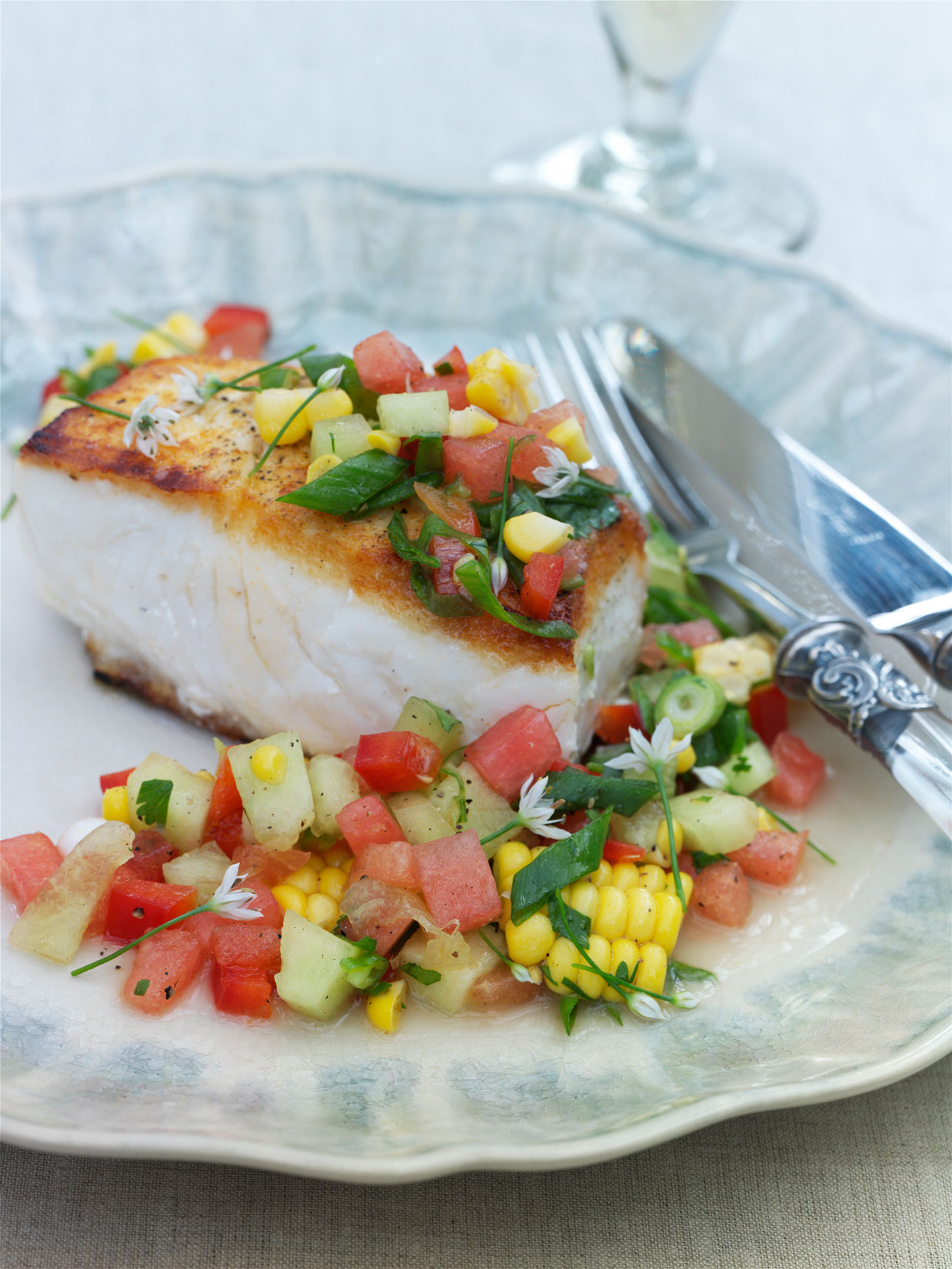 Pan-roasted Halibut with Watermelon, Peppers, and Corn Salsa - Amy ...